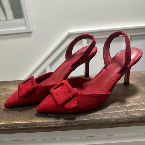 Coutgo | Shoes | Red Pointed Slingback Heels With Decorative Buckle ...